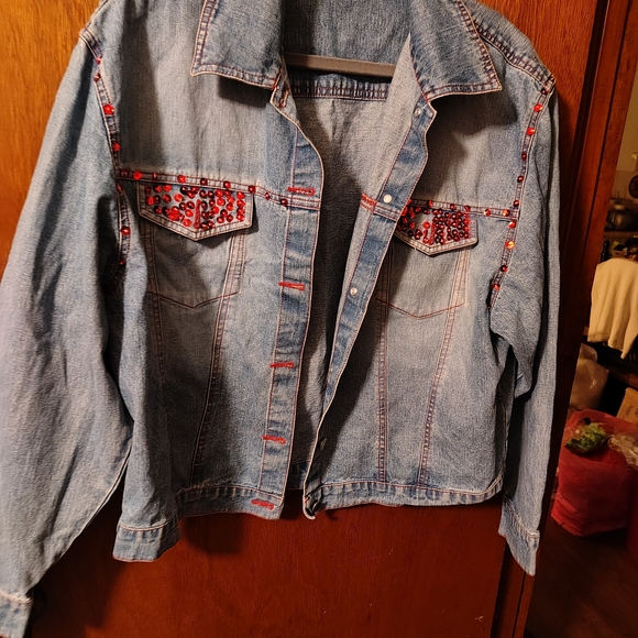 Jackets & Coats | Embellished Blue Denim Jacket With Red Accents | Poshmark